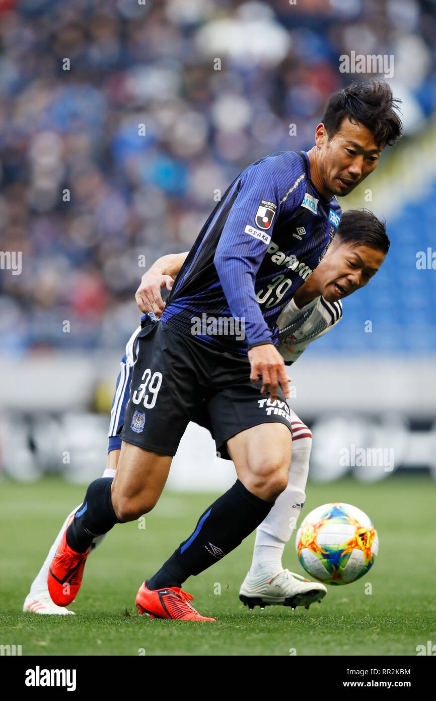 Osaka, Japan. 23rd Feb, 2019. (L to R) Kazuma Watanabe (Gamba), Takuya Kida (FMarinos) Football ...