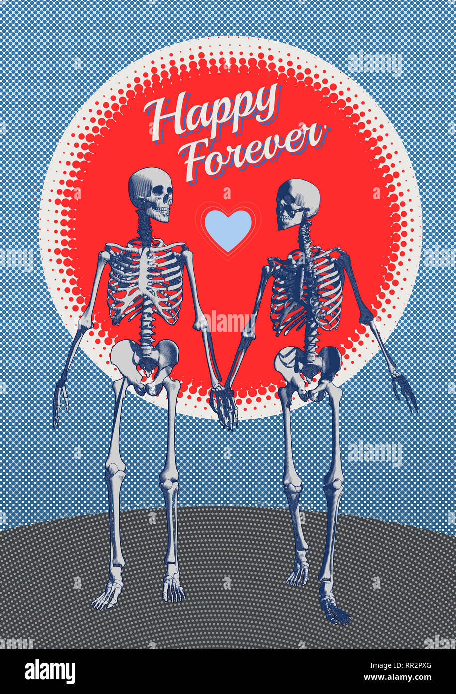 A couple of engraving skeleton in holding hand action illustration on ...