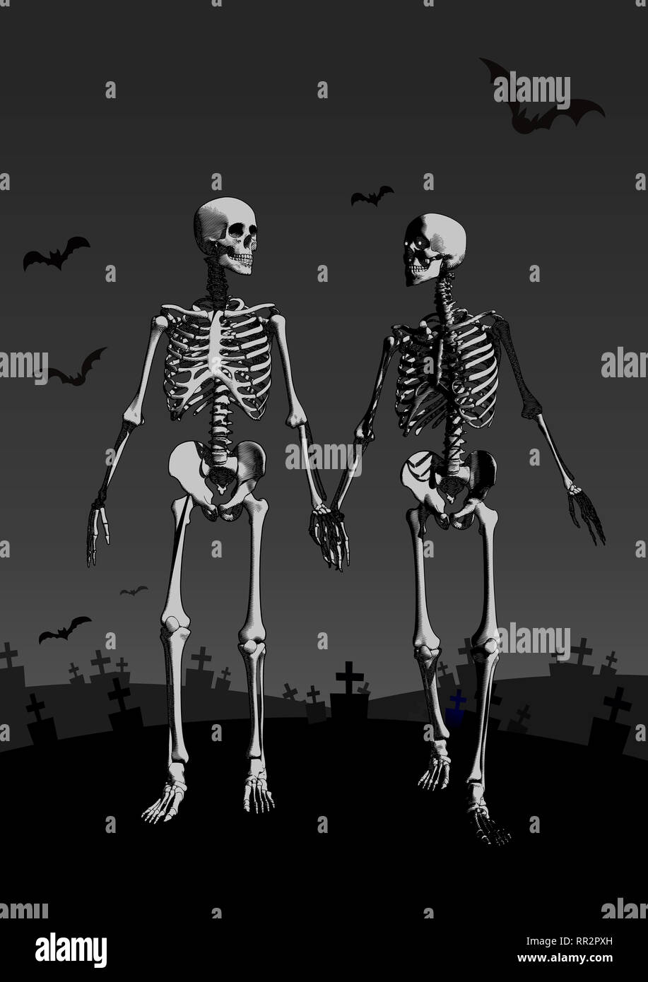 A couple of engraving skeleton holding hand and walking in the dark ...