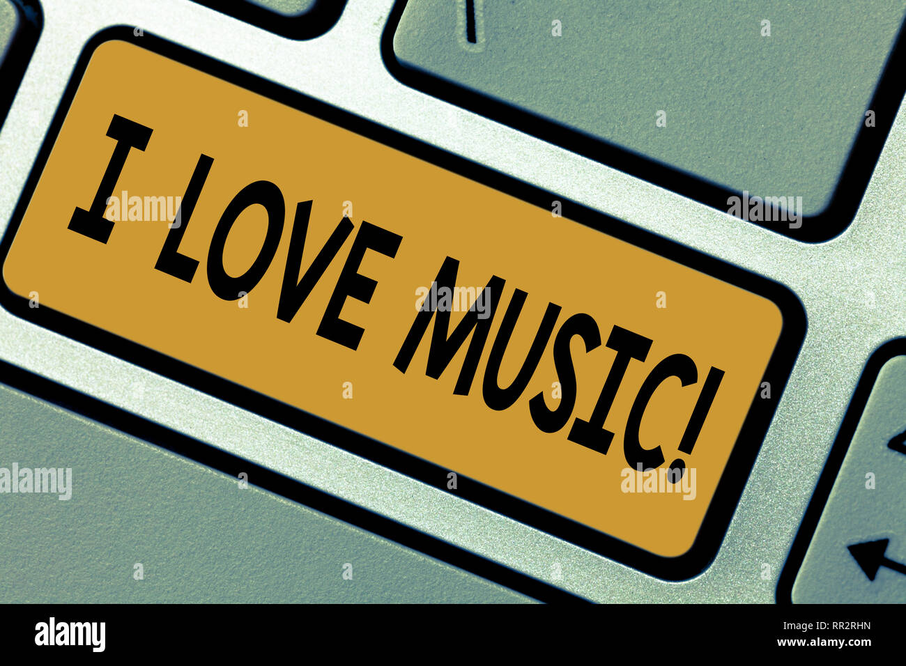 Writing note showing I Love Music. Business photo showcasing Having ...