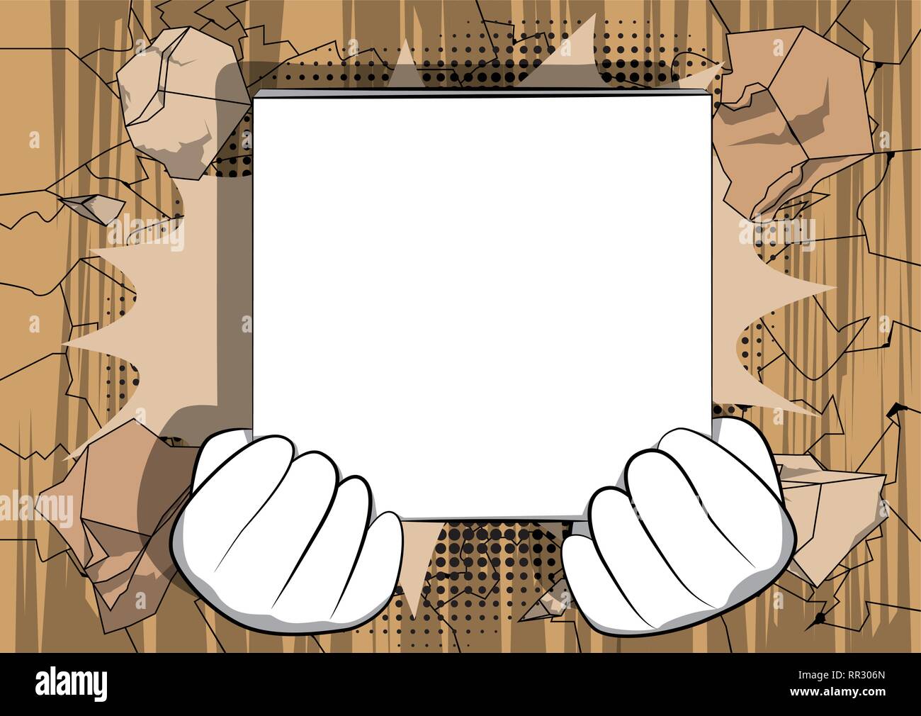 Vector cartoon hand holding a big white box. Illustrated hand on comic ...