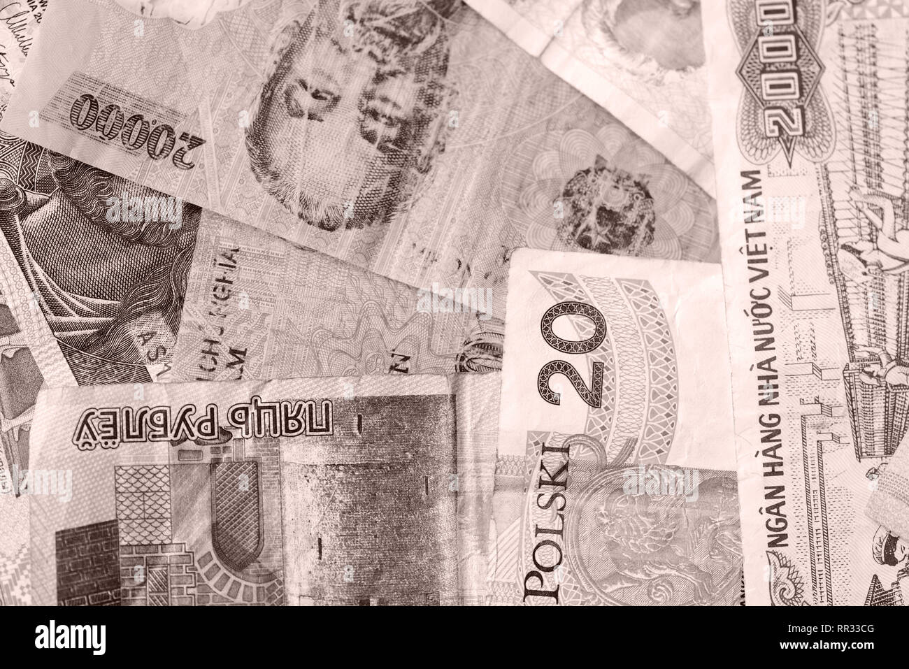 Different countries money background close up. Brown color toned Stock ...