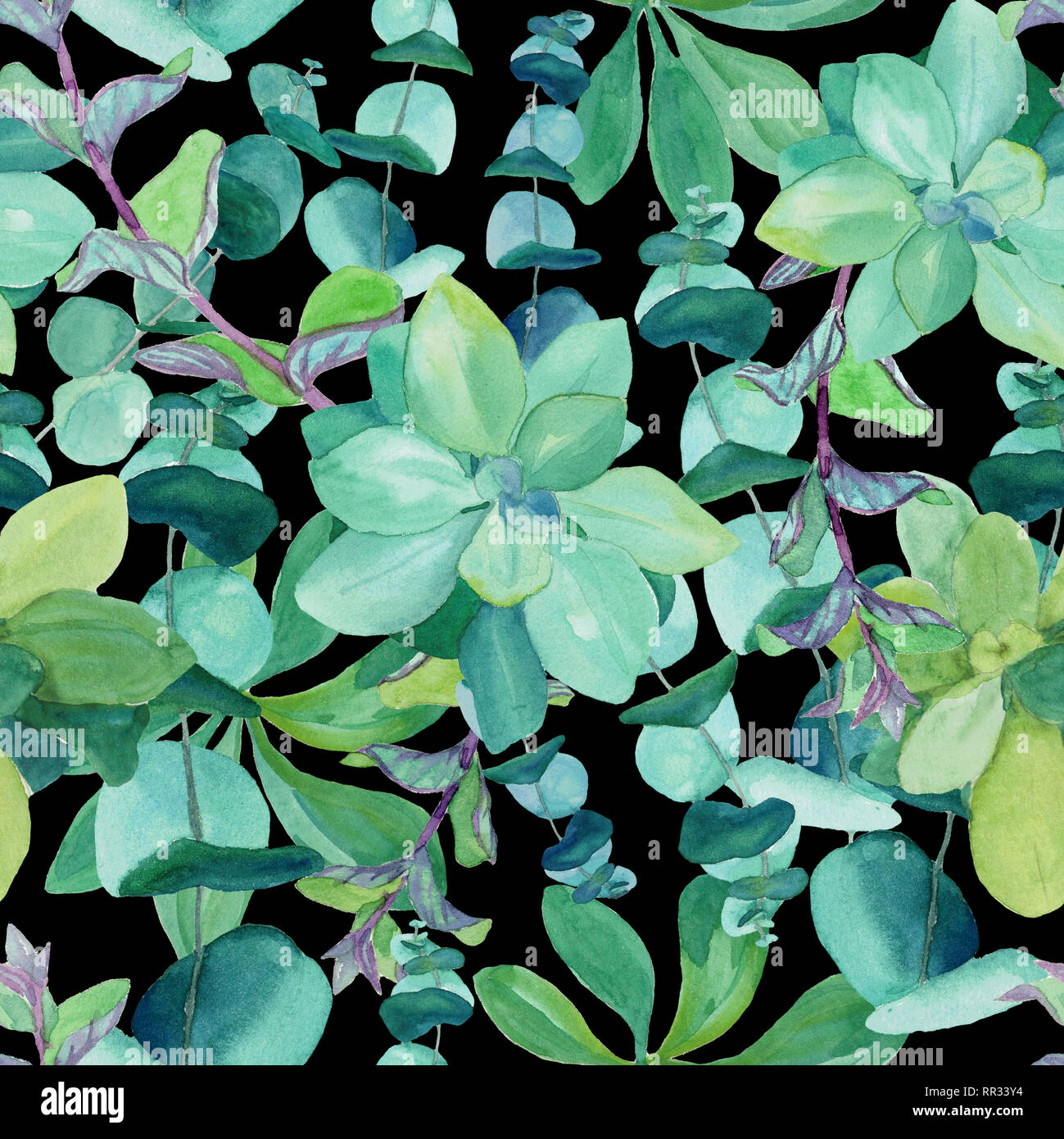 Seamless watercolor pattern of baby blue eucalyptus, decorative nettle ...