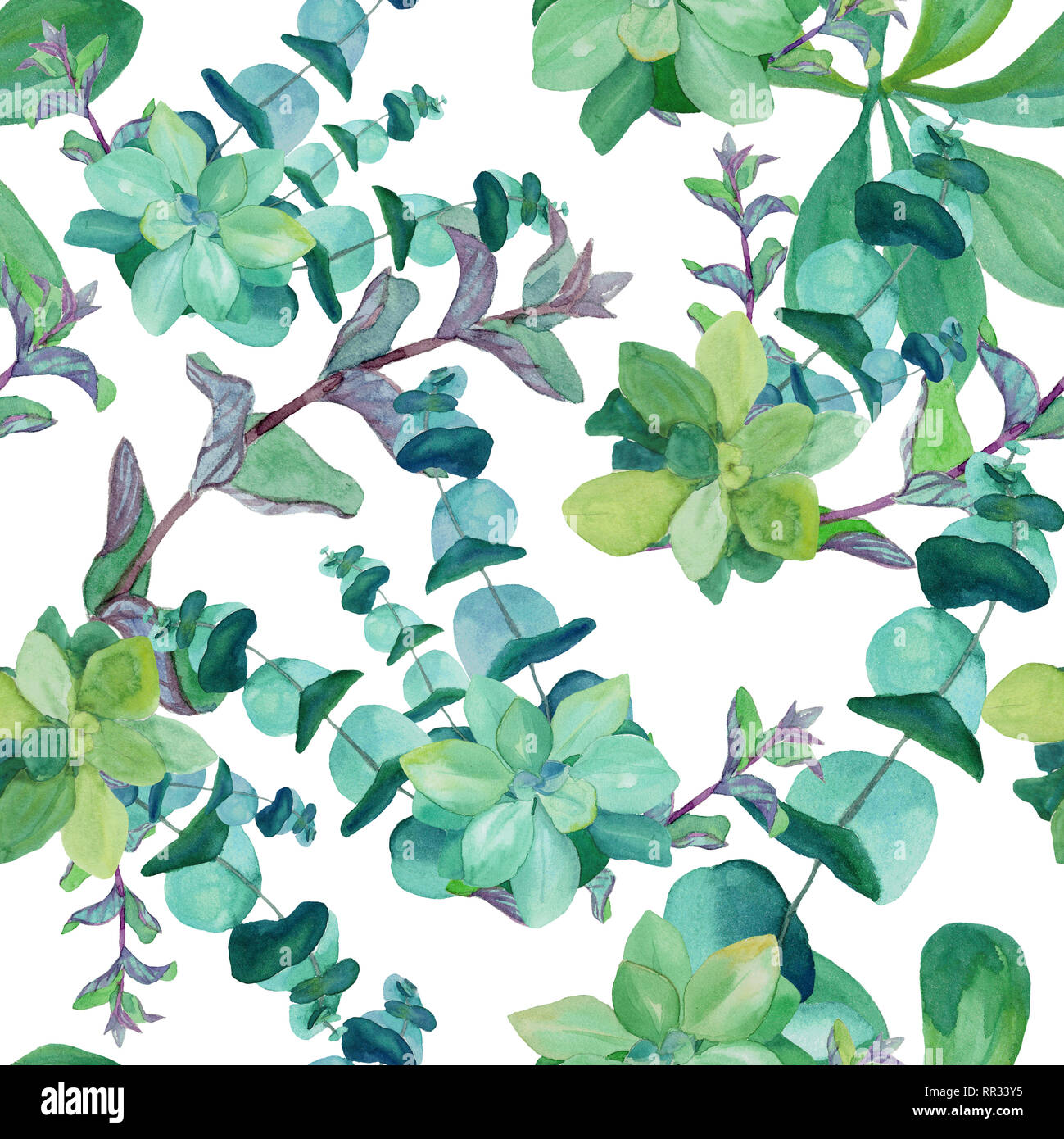 Seamless watercolor pattern of baby blue eucalyptus, decorative nettle ...