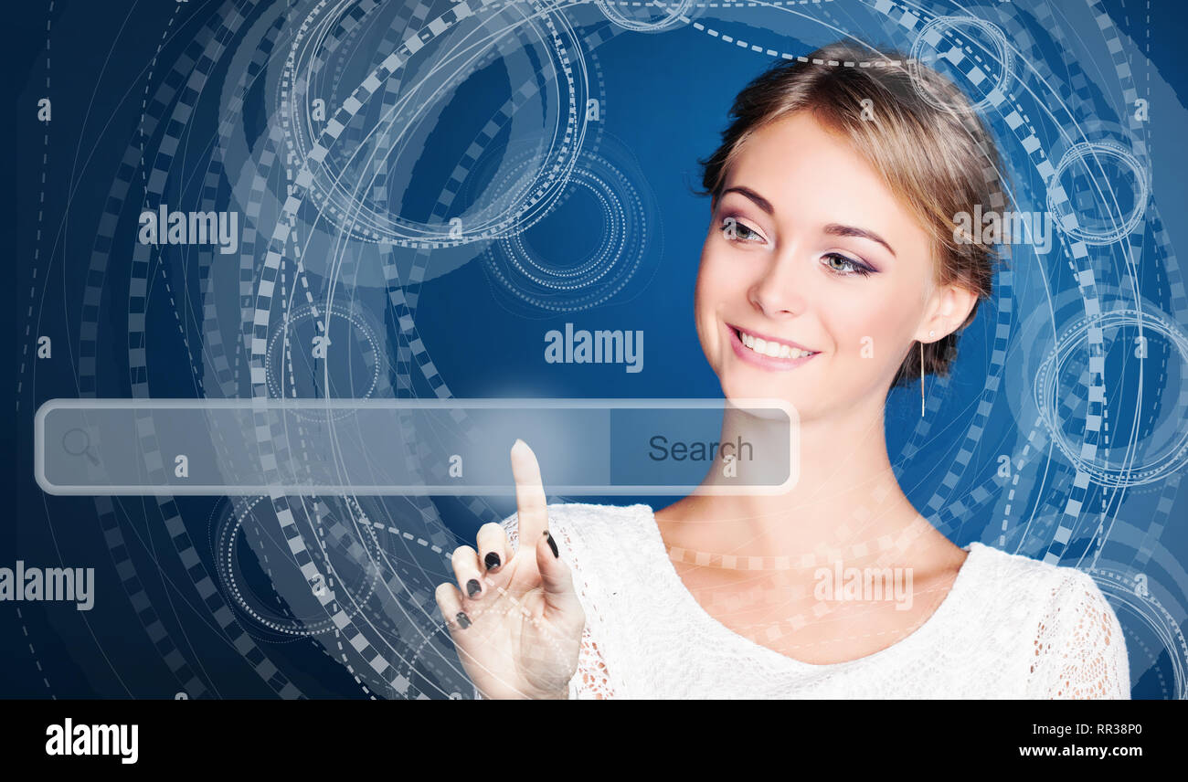 Young woman pointing finger to empty address bar with search icon in ...