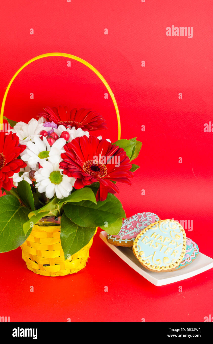 Beautiful bouquet of flowers and homemade gingerbread for celebration ...
