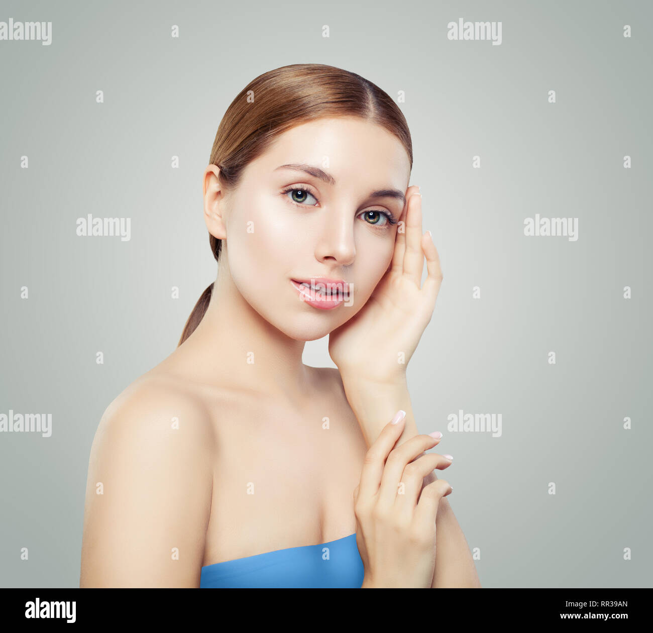 Pretty woman face. Cute girl with clear skin portrait. Facial treatment ...