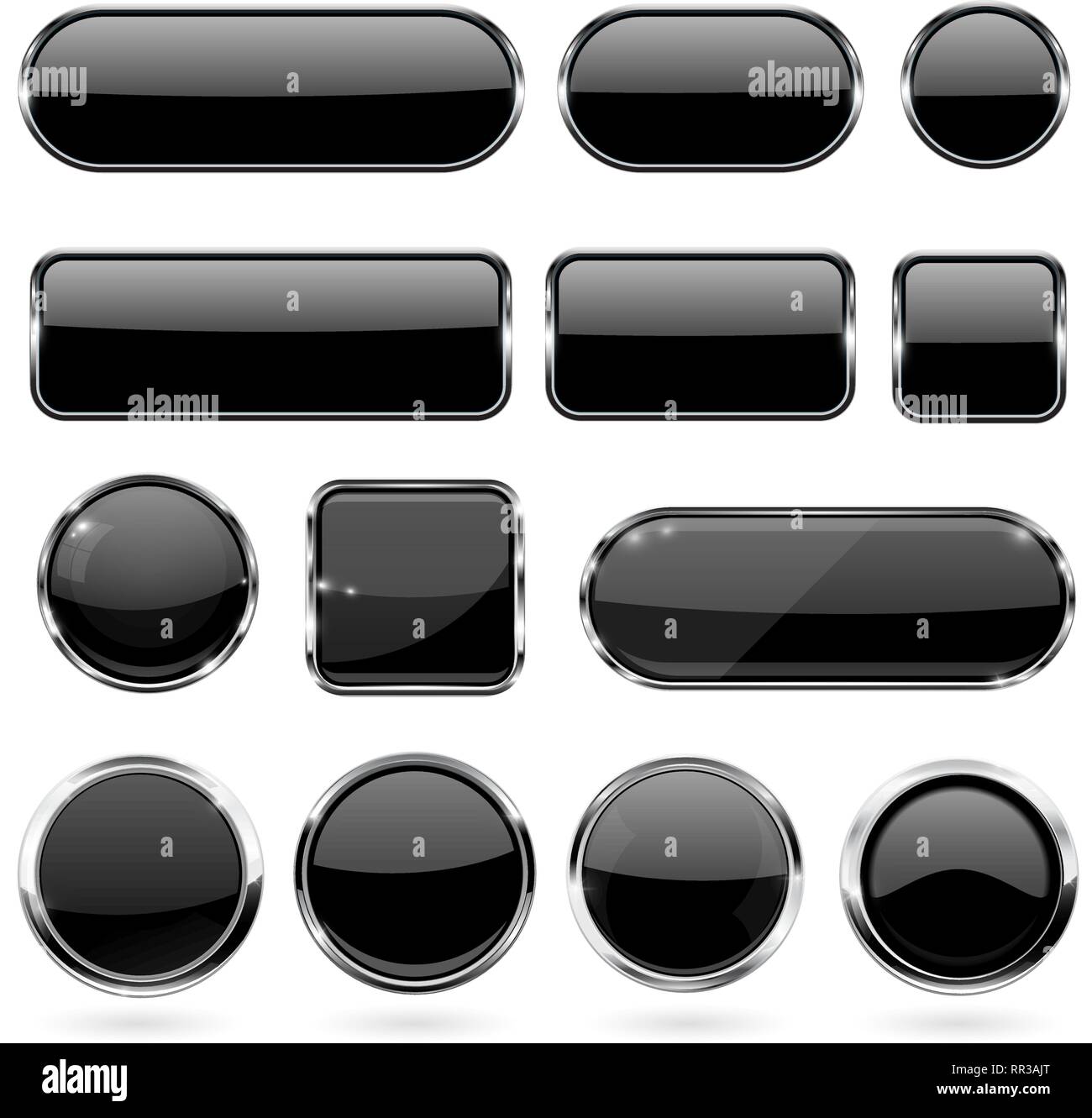 Black glass buttons with metal frame. Collection of 3d icons Stock ...
