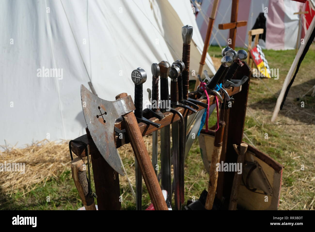 Medieval weapons in a historical reconstruction Stock Photo - Alamy