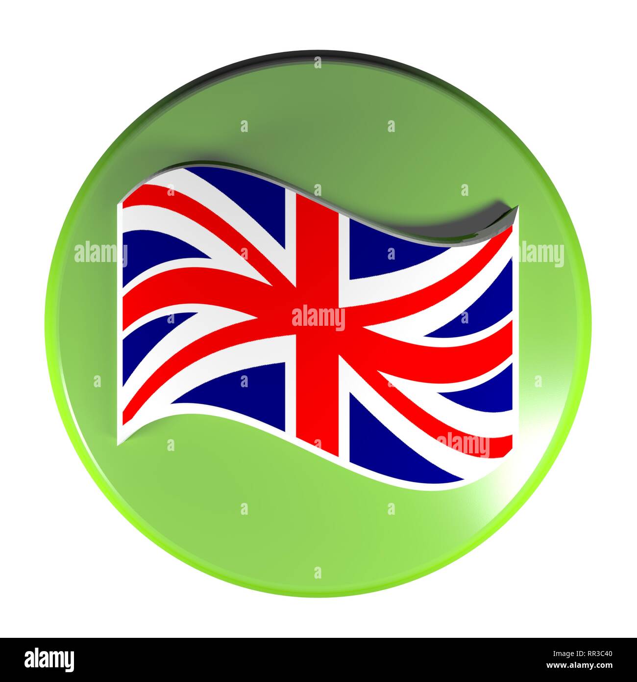 Green circle push button English flag - 3D rendering illustration Stock ...