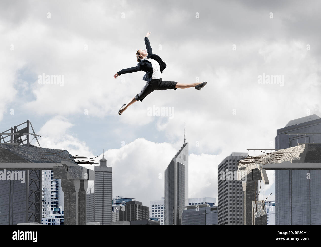 Business woman jumping over gap in concrete bridge as symbol of ...