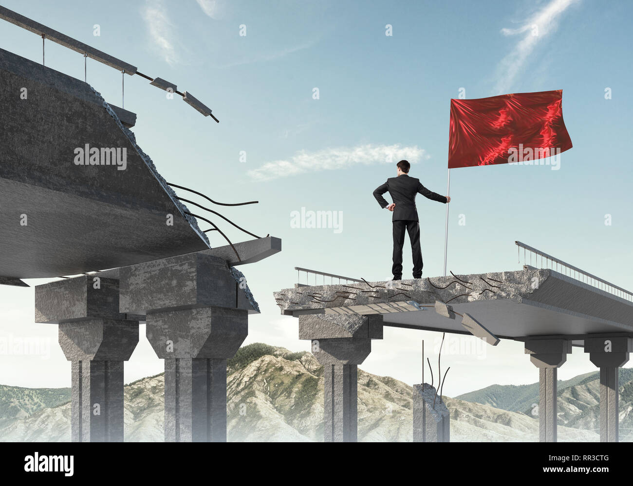 Rear view of confident businessman in suit holding flag in hand while ...