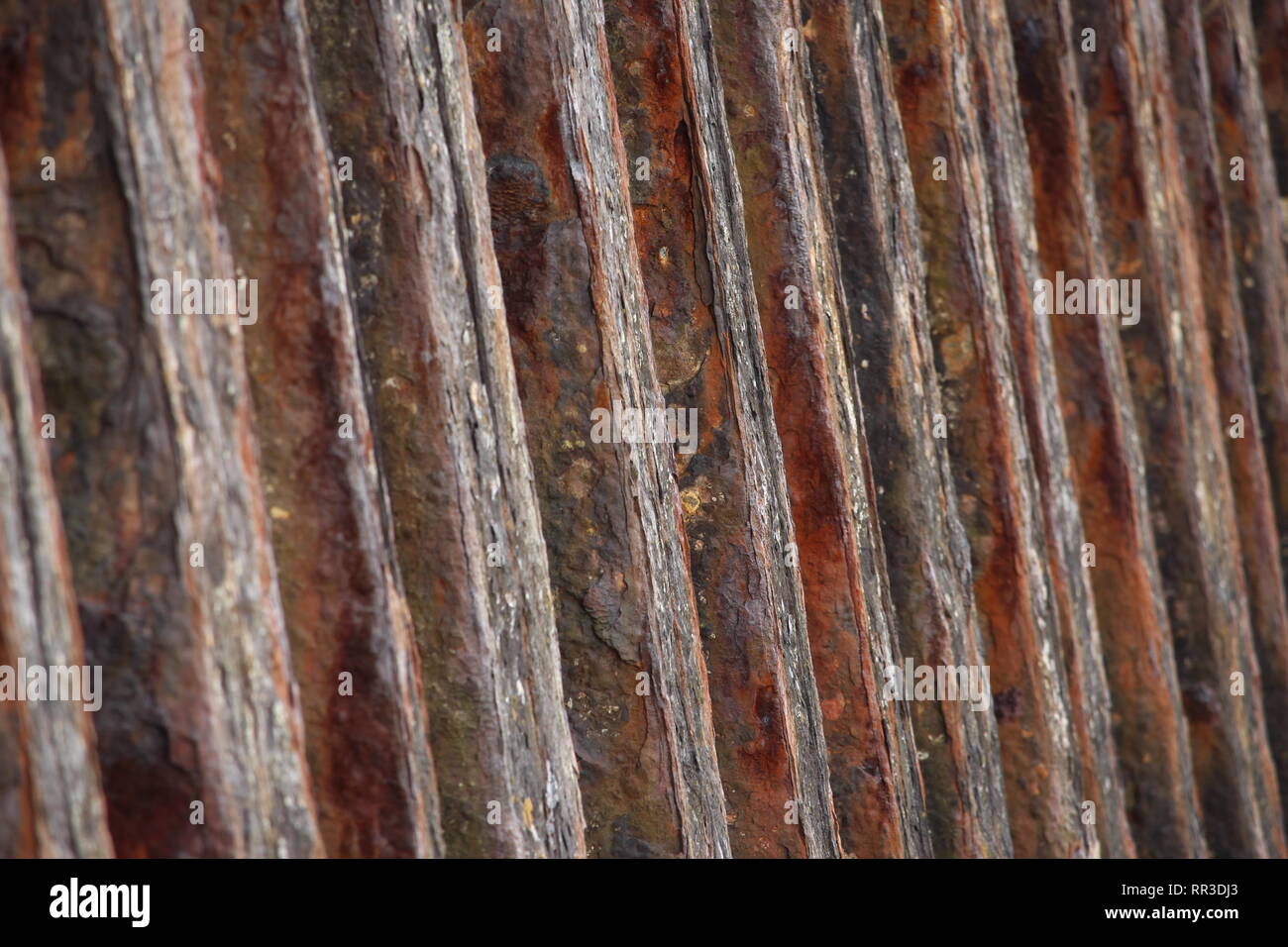 A close up photograph of a rusty iron sea wall barrier. Coastal erosion ...