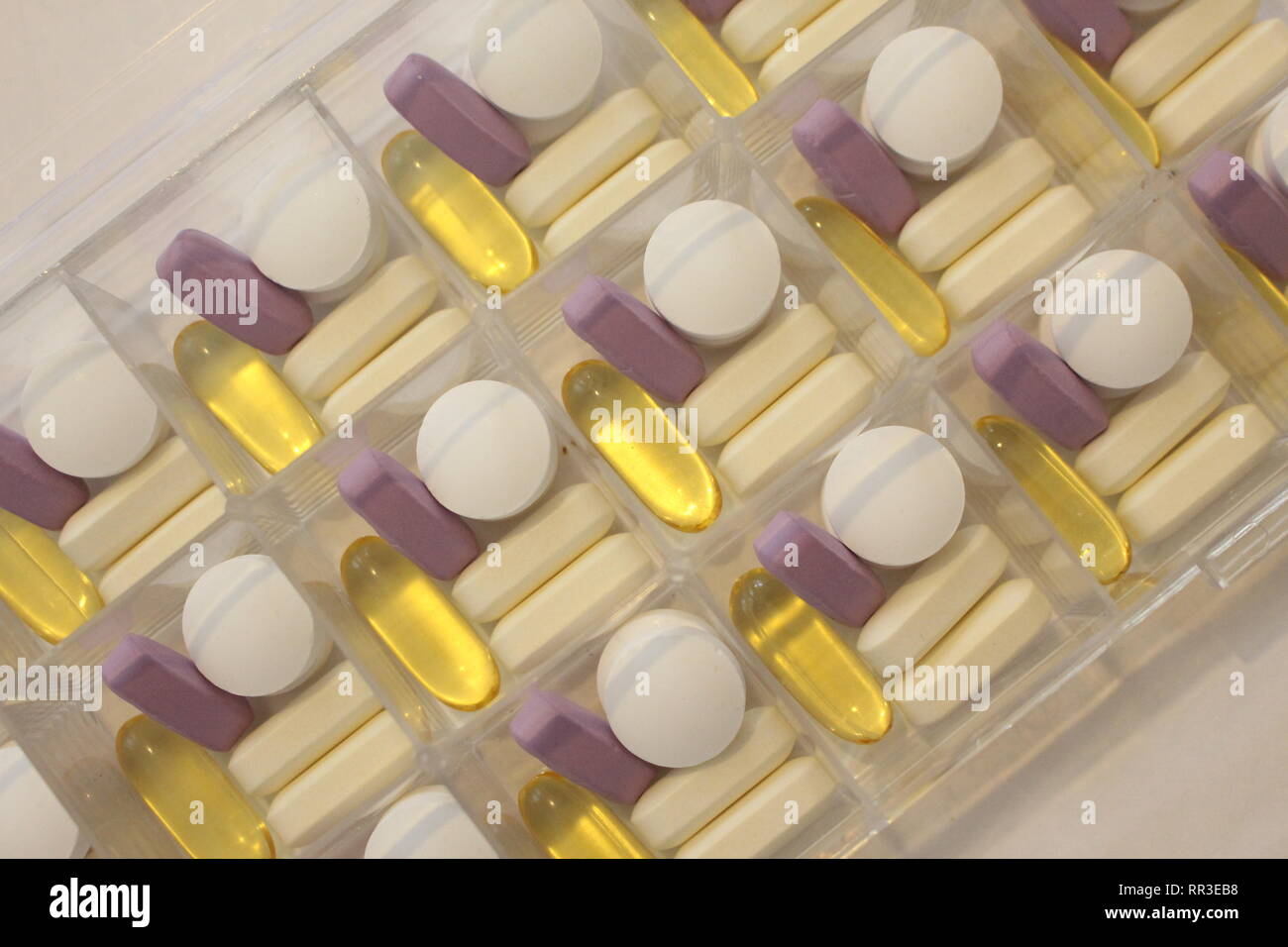 A close up photograph of a variety of medication, tablets and pills ...