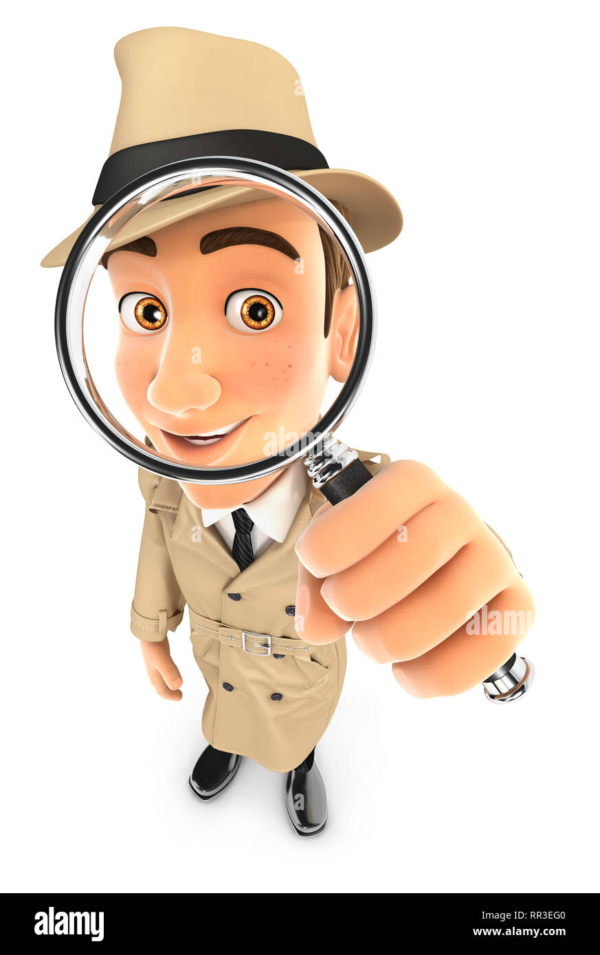3d detective looking into a magnifying glass, illustration with ...