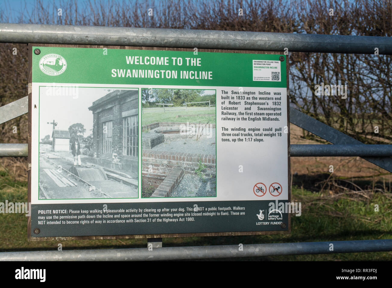 Welcome sign to the Swannington Incline in the Leicestershire village ...