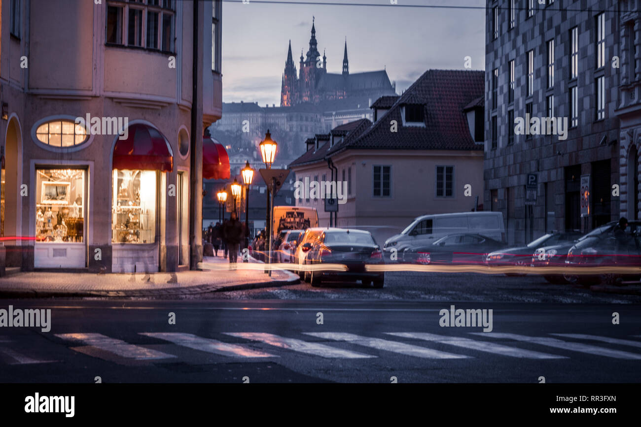 Czech capitol city Prague and river Vltava, Prague castle at night ...