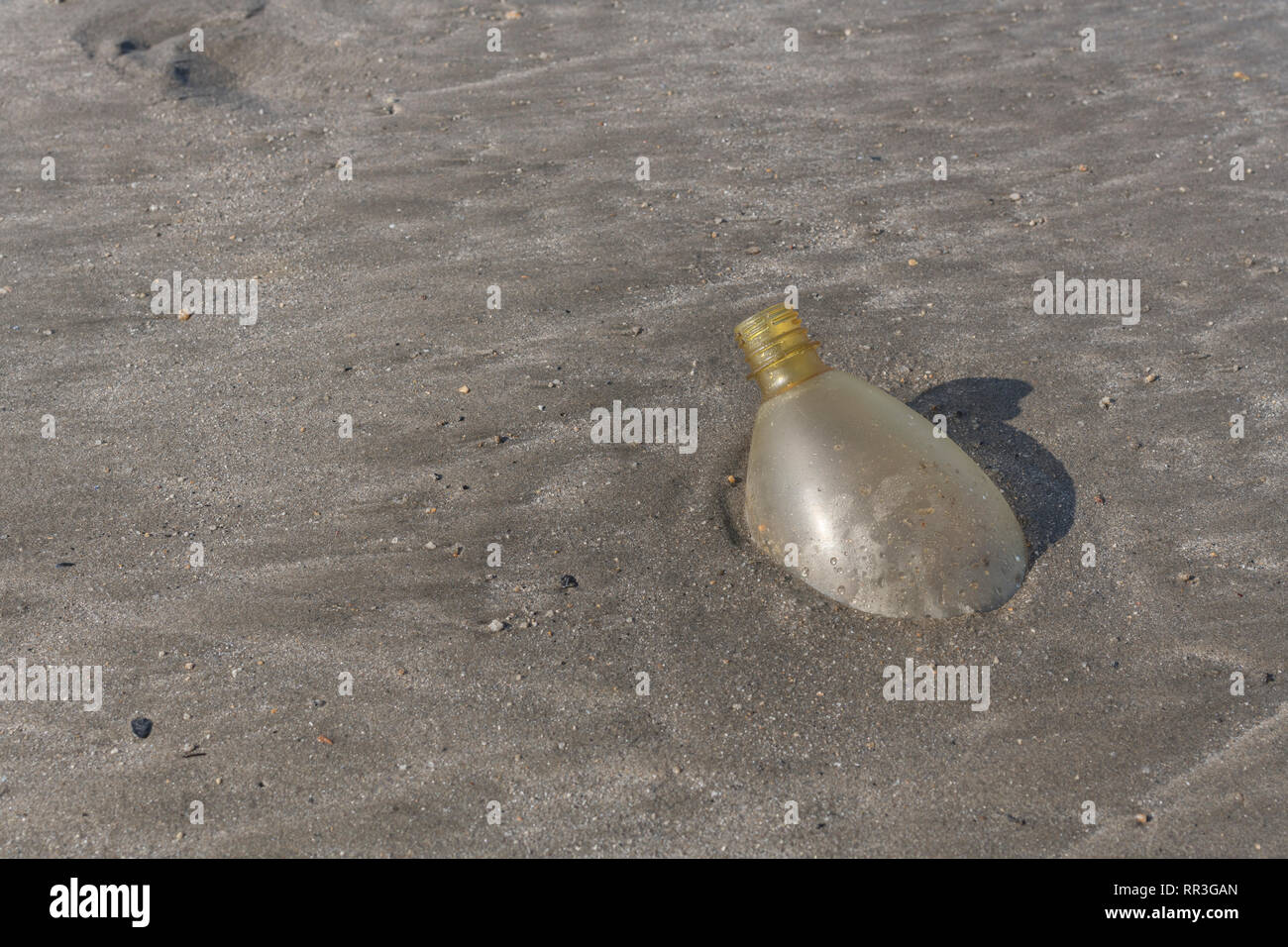 Empty discarded plastic soft drink bottle left embedded in silty sand ...