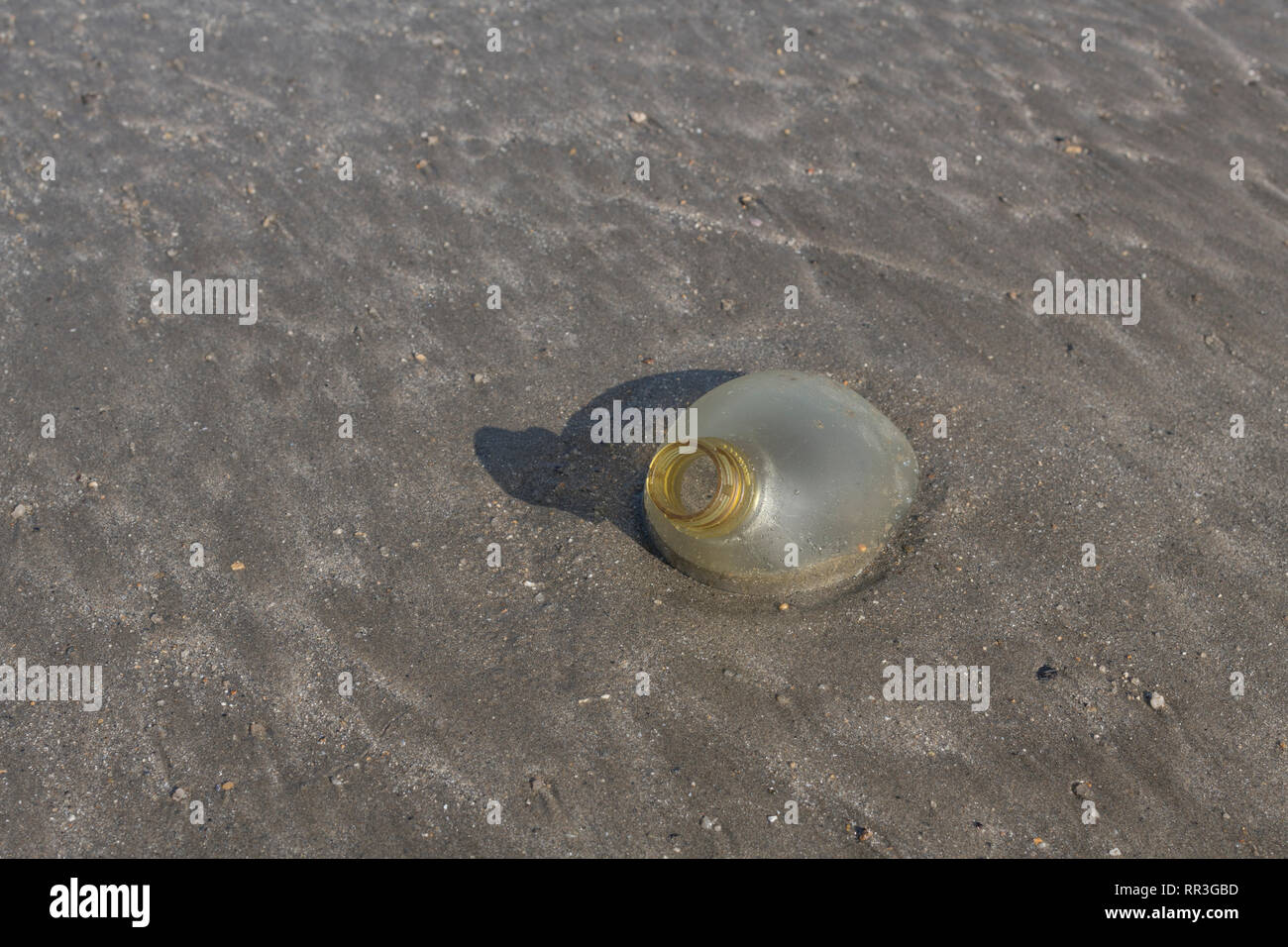 Empty plastic soft drink bottle embedded in silty beach sand. For ...