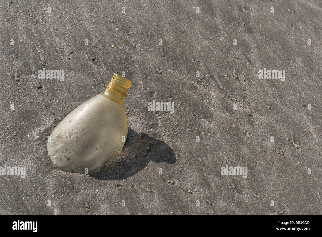 Empty plastic soft drink bottle embedded in silty beach sand. For ...