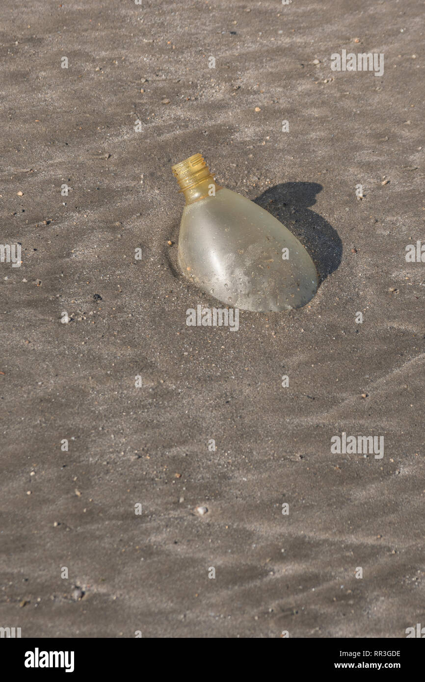 Empty plastic soft drink bottle embedded in silty beach sand. For ...