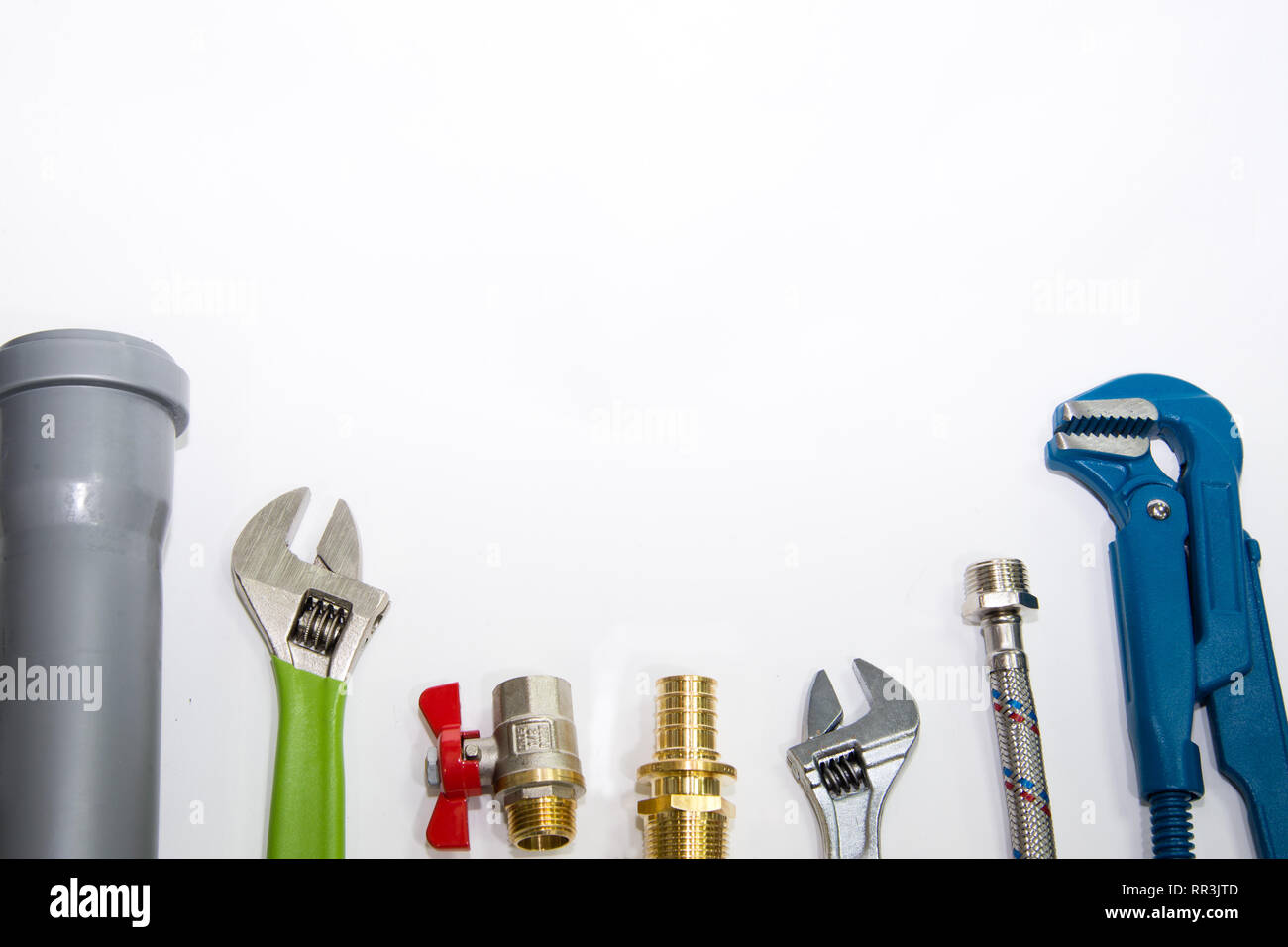 plumbing tools and equipment top view on white background Stock Photo ...