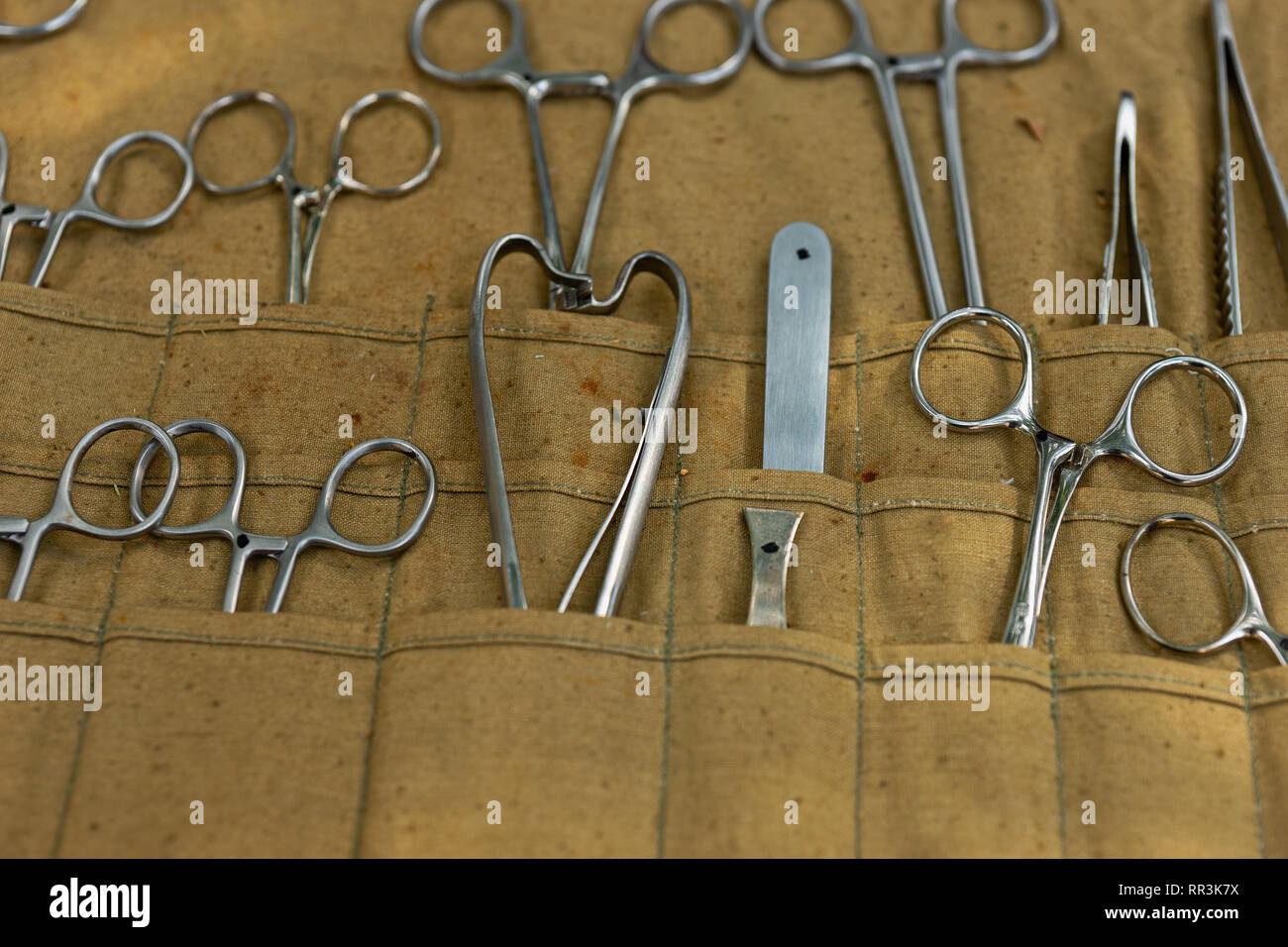 Set of nineteen-century military surgical instruments and tools lay on ...