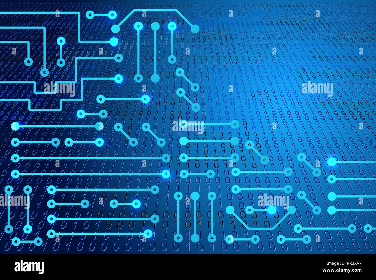 Drawing modern electronic circuit and binary code on blue background ...