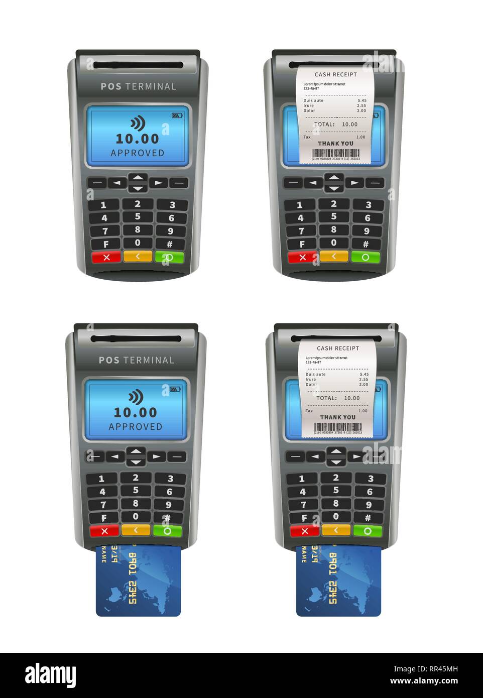 Set of realistic NFC POS terminals for payment by debit or credit card with shopping bill ...