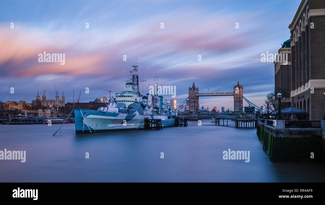 Sunset over river thames, HMS Belfast, and Tower Bridge Stock Photo - Alamy