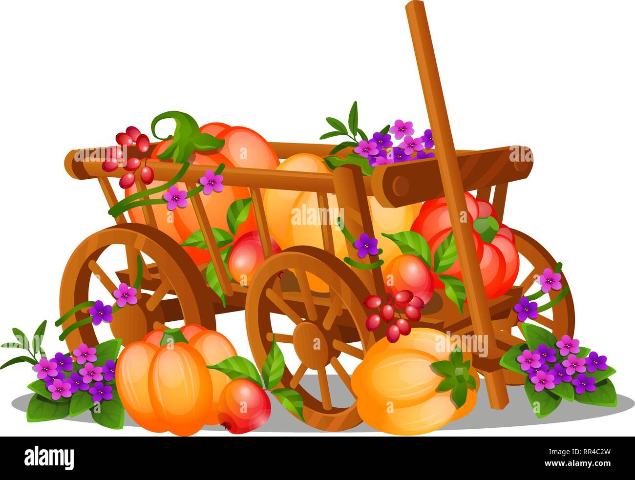 The wooden cart is filled with a harvest of ripe fruits and vegetables ...