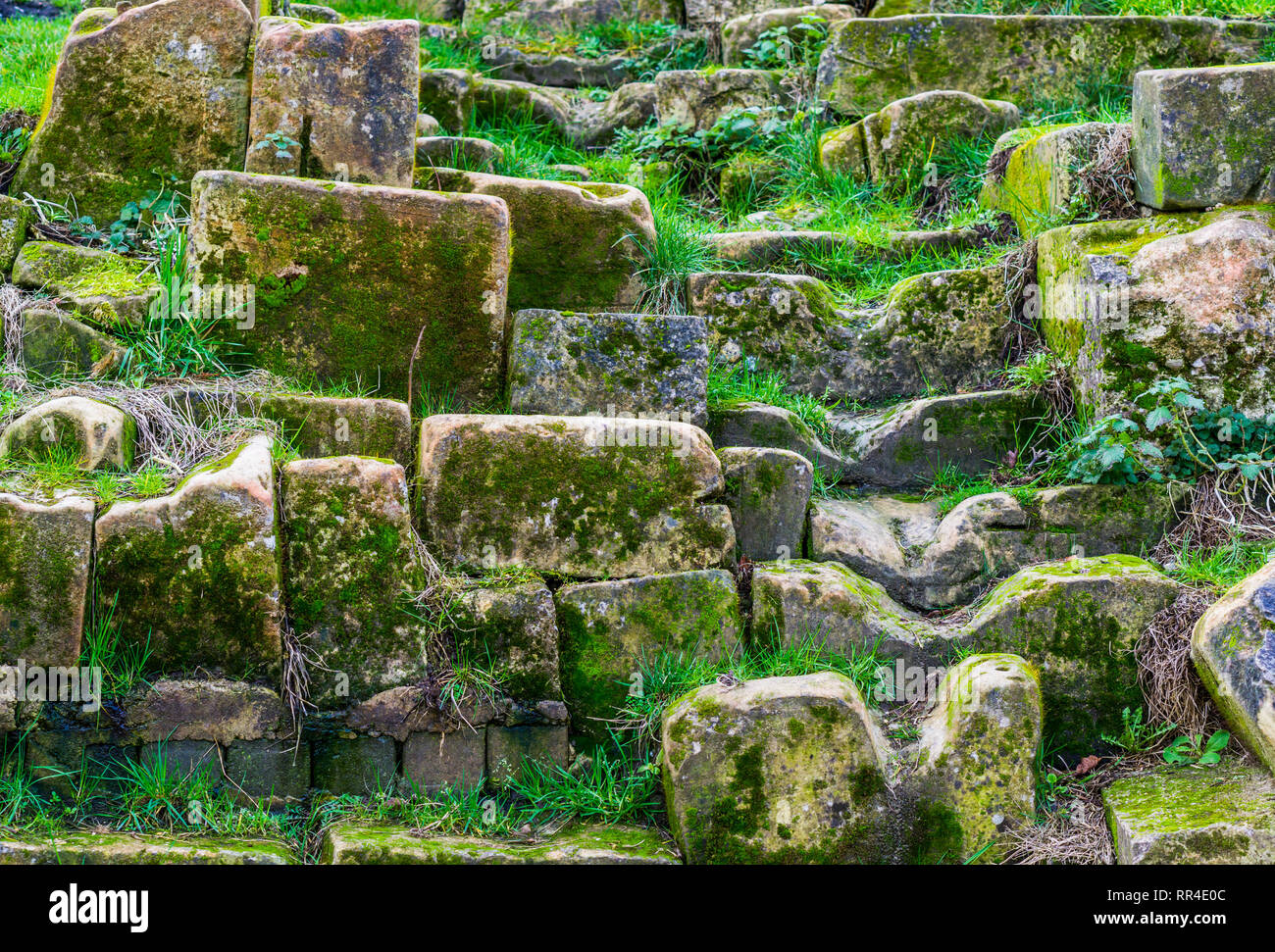 Old historical looking stones covered in moss and grass, garden ...