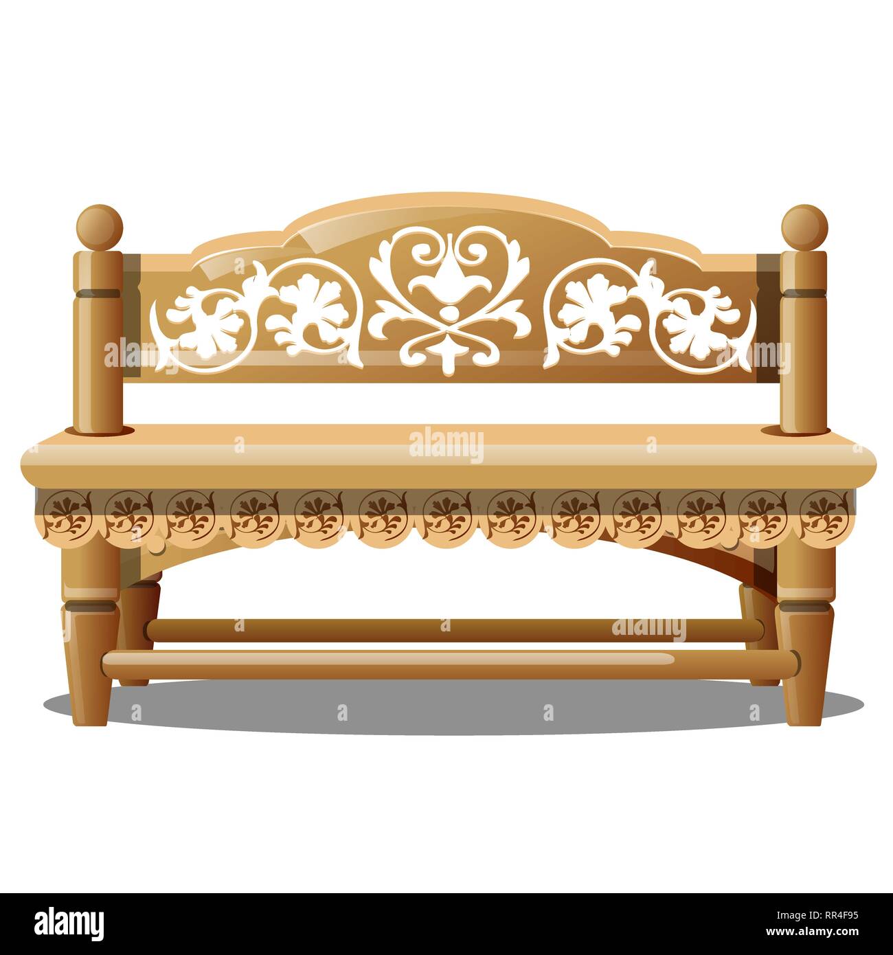 Elegant wooden bench with carved patterns isolated on white background ...
