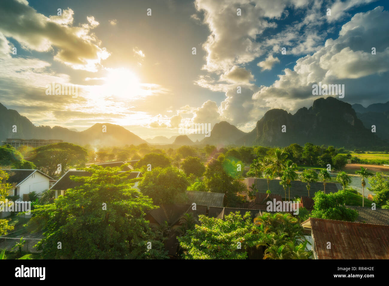Landspape view beautiful sunset at vang vieng, Laos Stock Photo - Alamy