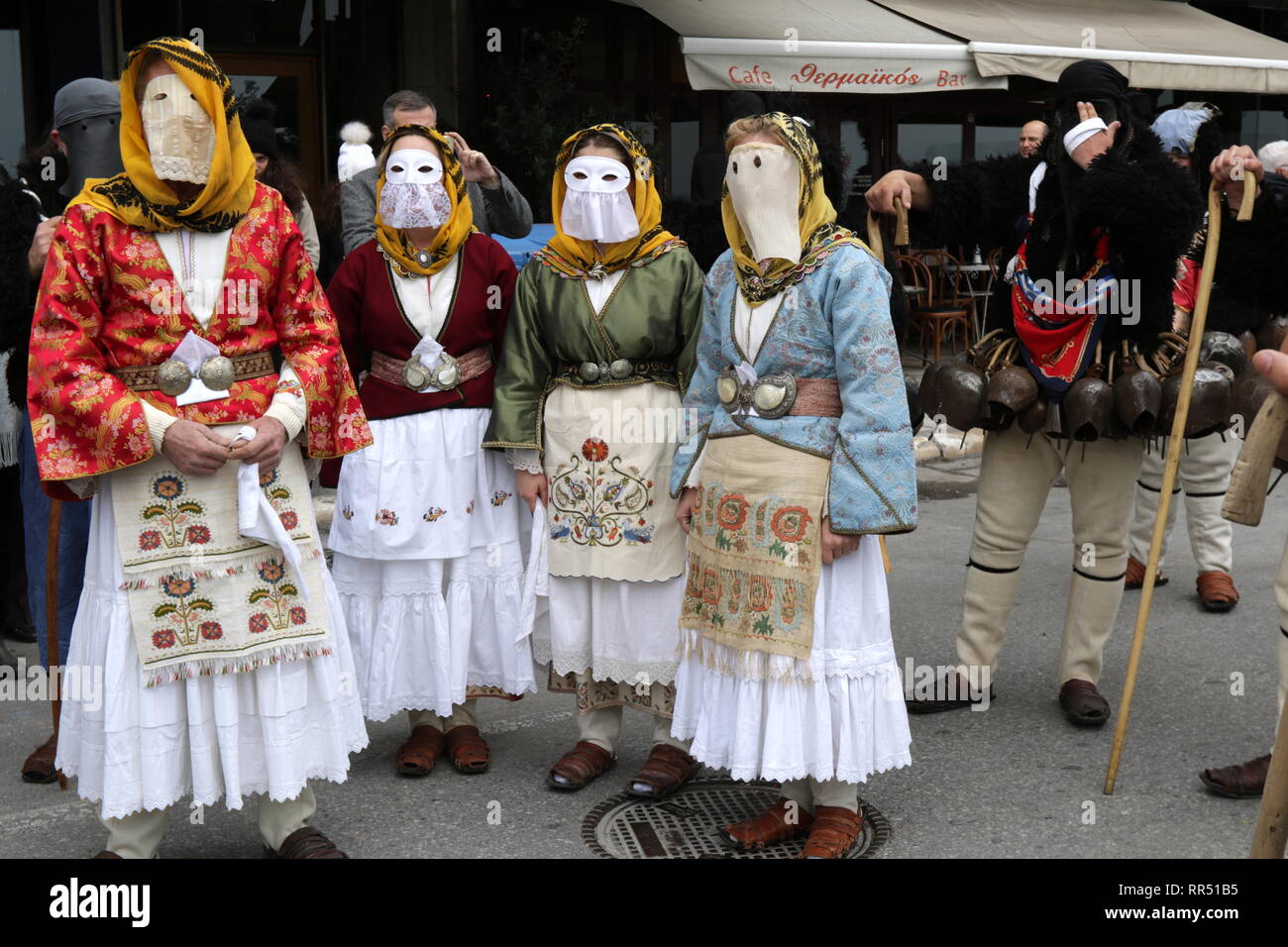 Thessaloniki, Greece, 24th February 2019. Members of bell bearer groups ...