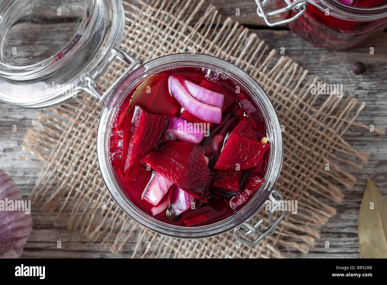 Preparation of fermented beet kvass in a jar, top view Stock Photo - Alamy