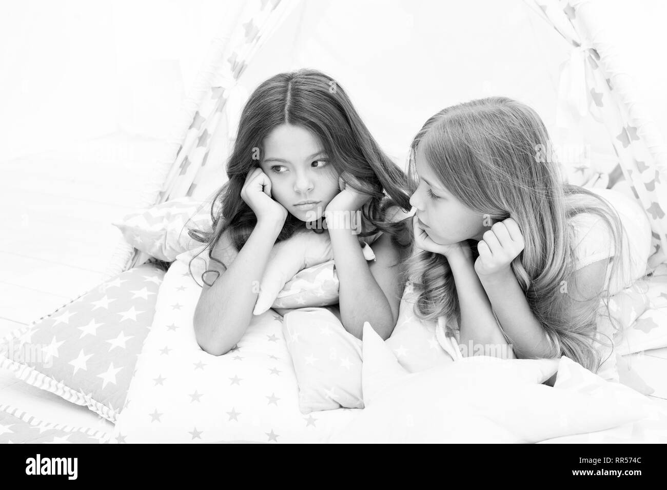 Pajamas party for kids. Cozy place tipi house. Sisters or best friends ...