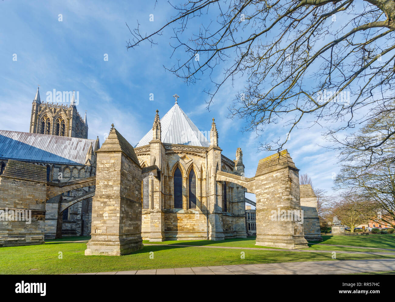 Chapter House and its flying buttresses on Cathedral Green at Lincoln ...