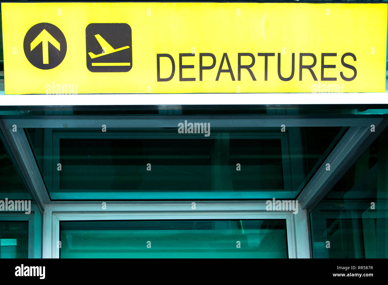 Airport departure sign. Directional sign in abstract modern airport ...