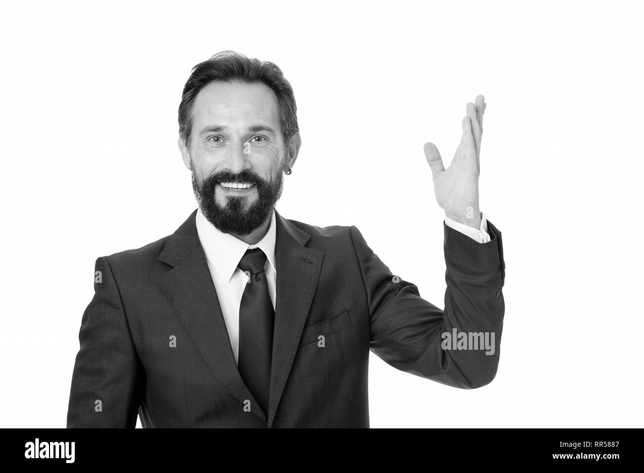 Man bearded mature formal suit. Businessman or manager shows direction ...