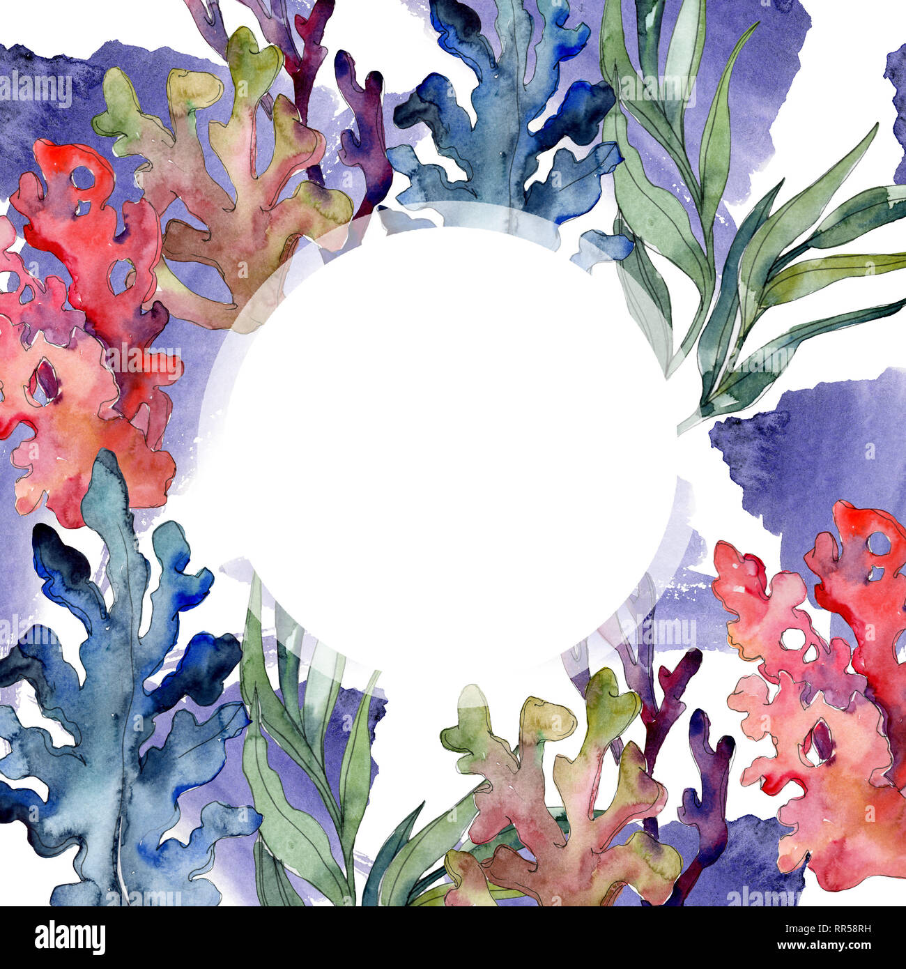 Red and blue aquatic underwater nature coral reef. Watercolor ...