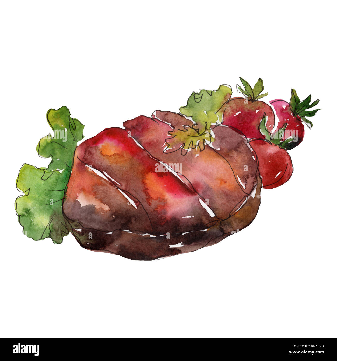 Grilled steak tasty food in a watercolor style set. Aquarelle food ...