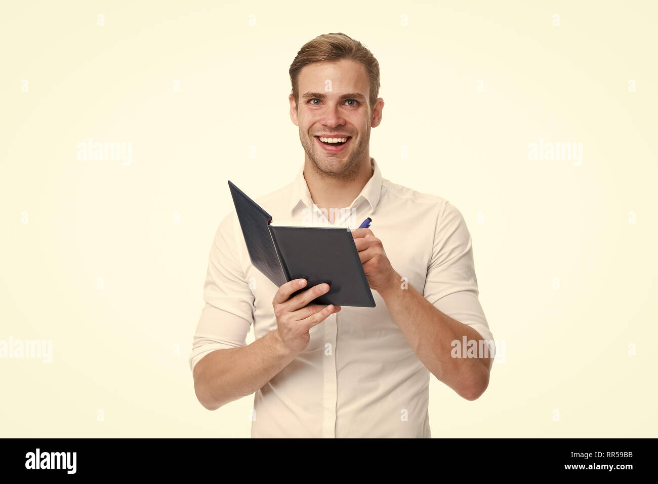 Create daily plan. Man office worker or manager cares about time ...