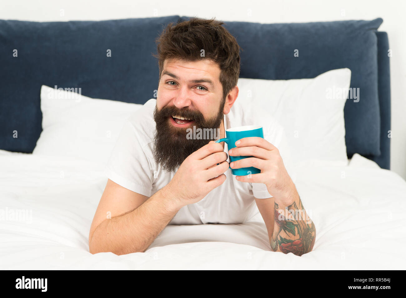 happy man enjoy morning coffee. Fresh coffee. Happy morning. Bearded ...