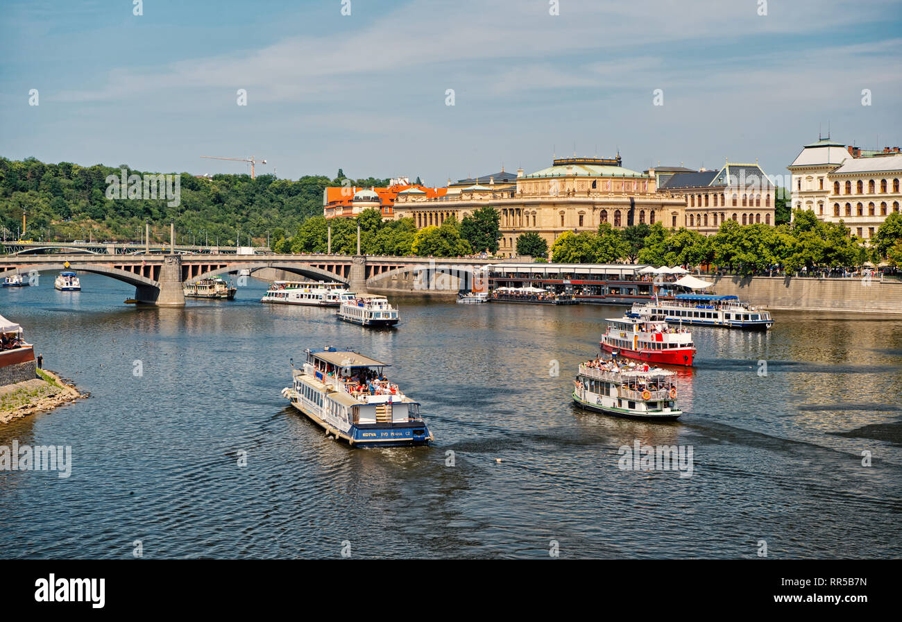 Prague, Czech Republic - June 03, 2017: pleasure boats on Vltava river ...