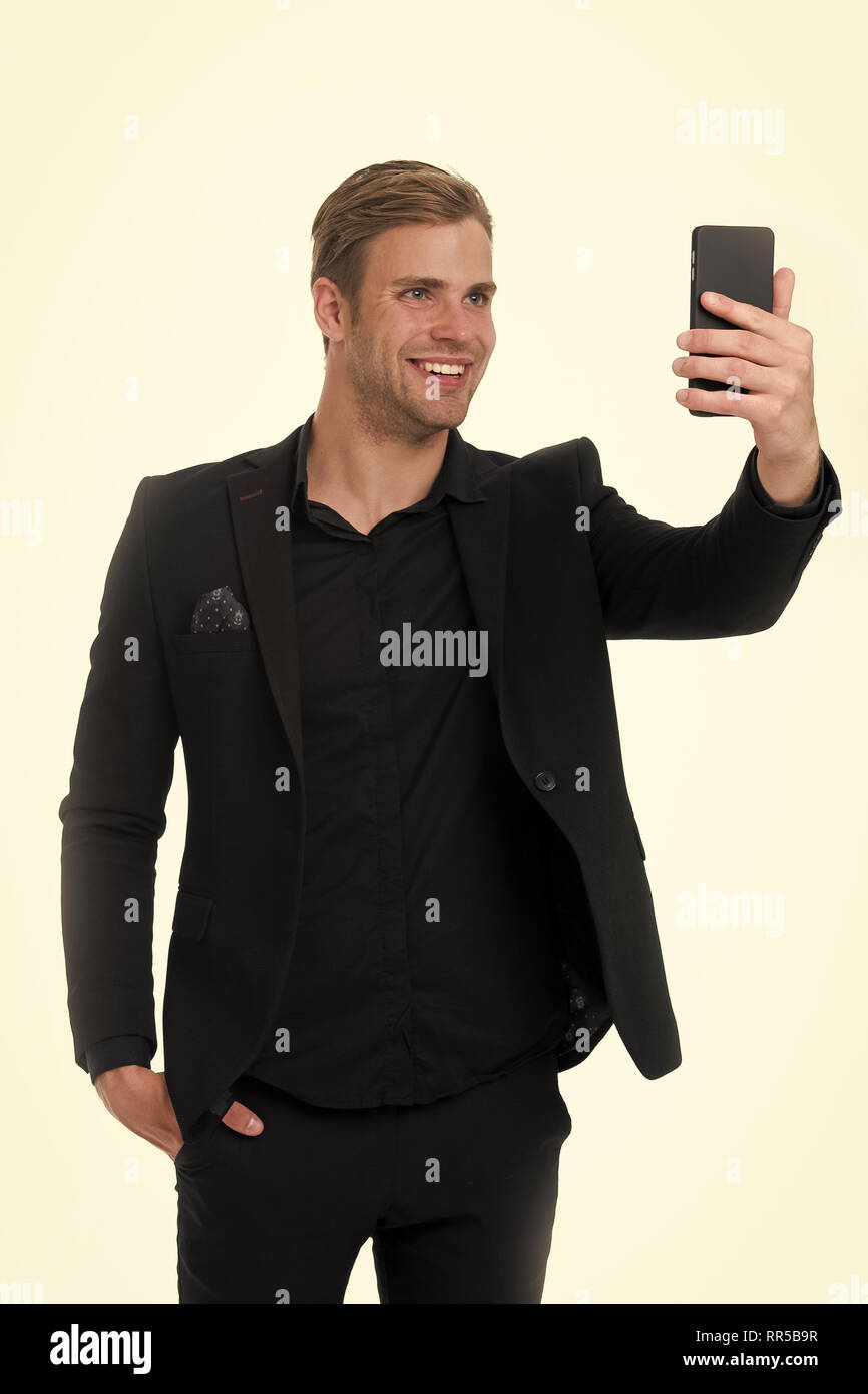 Happy to see you. Business man smartphone video conferencing isolated ...