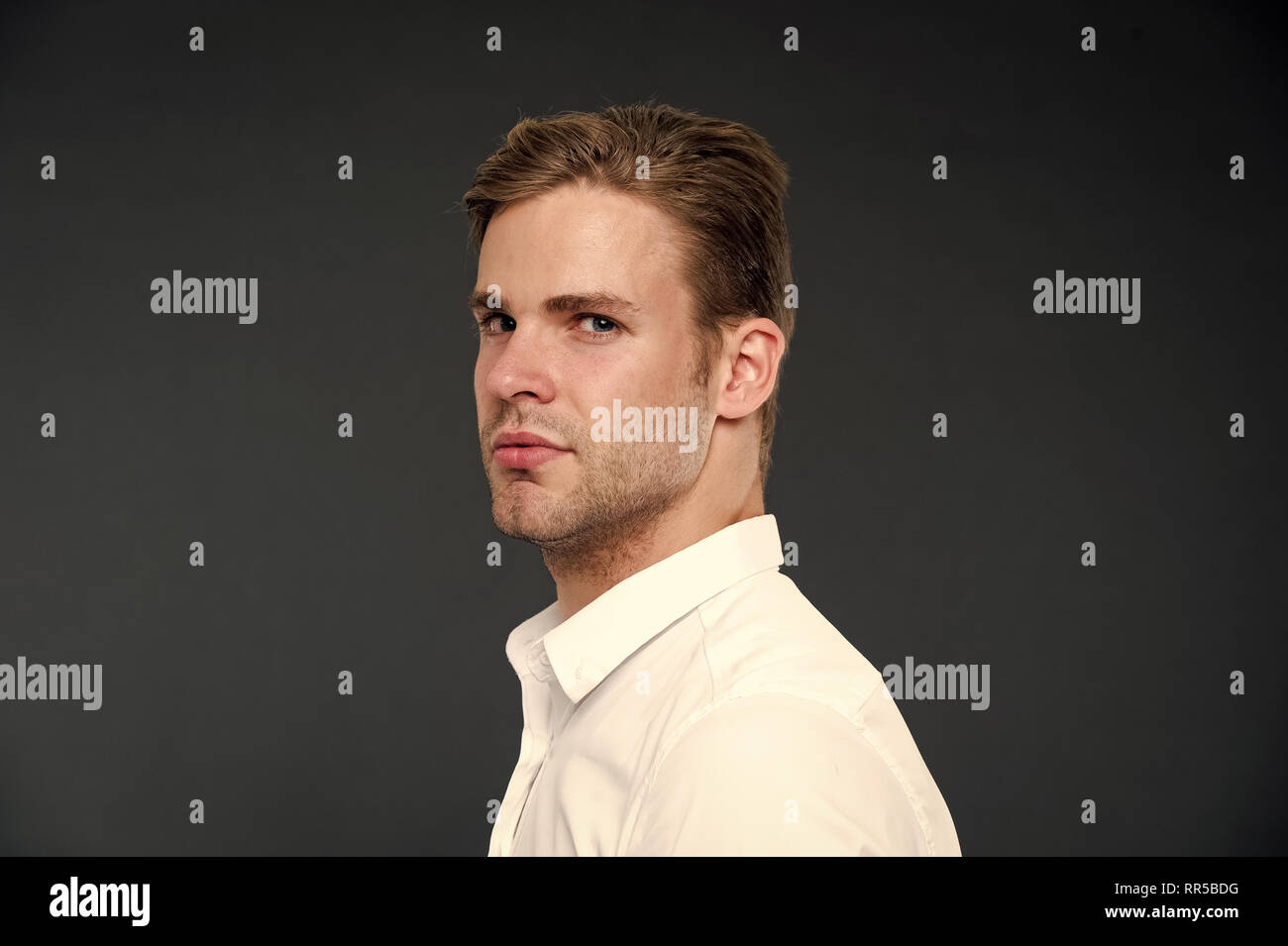 Confidence and masculinity. Guy confident in his appearance. Man well ...