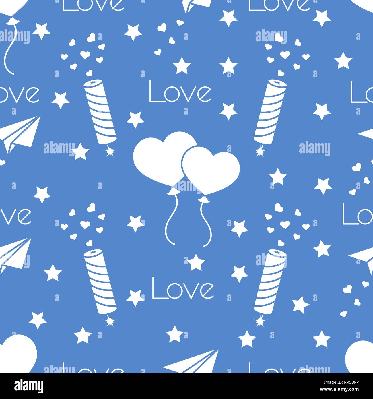 Seamless pattern with paper airplane, petard, balloons, hearts ...
