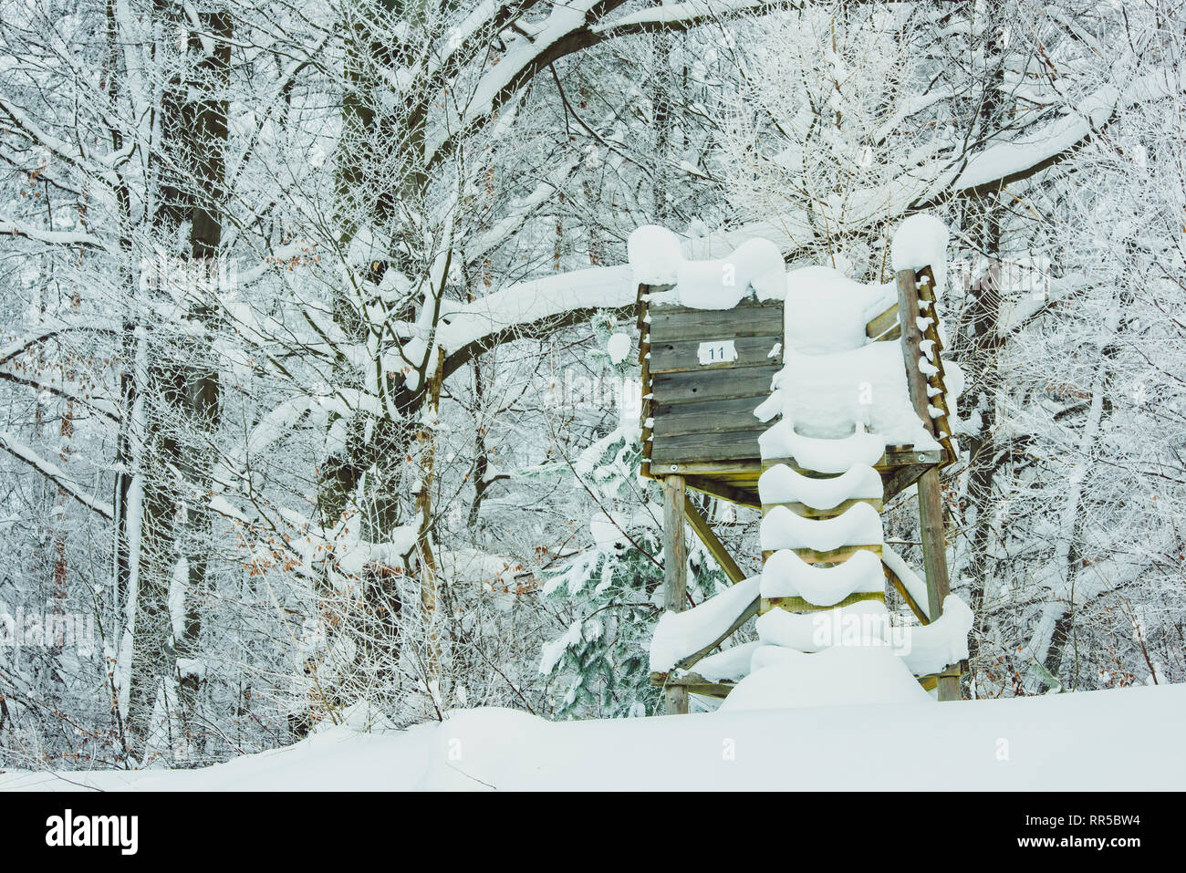 Simple wooden hunting box covered in snow. Hunting deer blind next to a ...