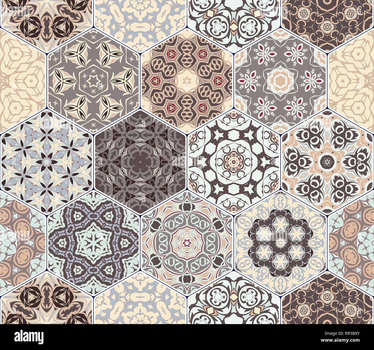 A rich set of hexagonal ceramic tiles. Colorful elements in oriental ...